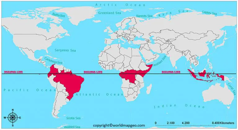 World Map with Equator, Countries, and Prime Meridian