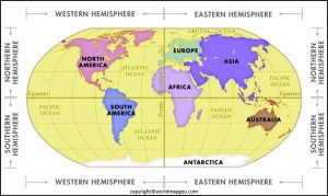 World Map with Equator, Countries, and Prime Meridian