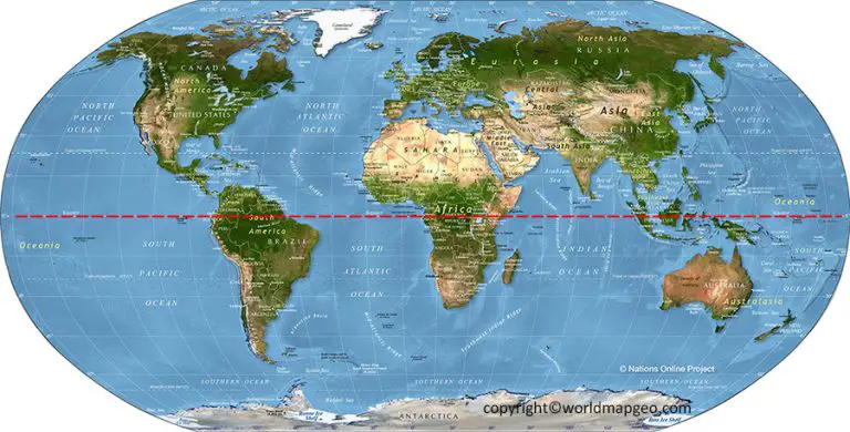 World Map with Equator, Countries, and Prime Meridian