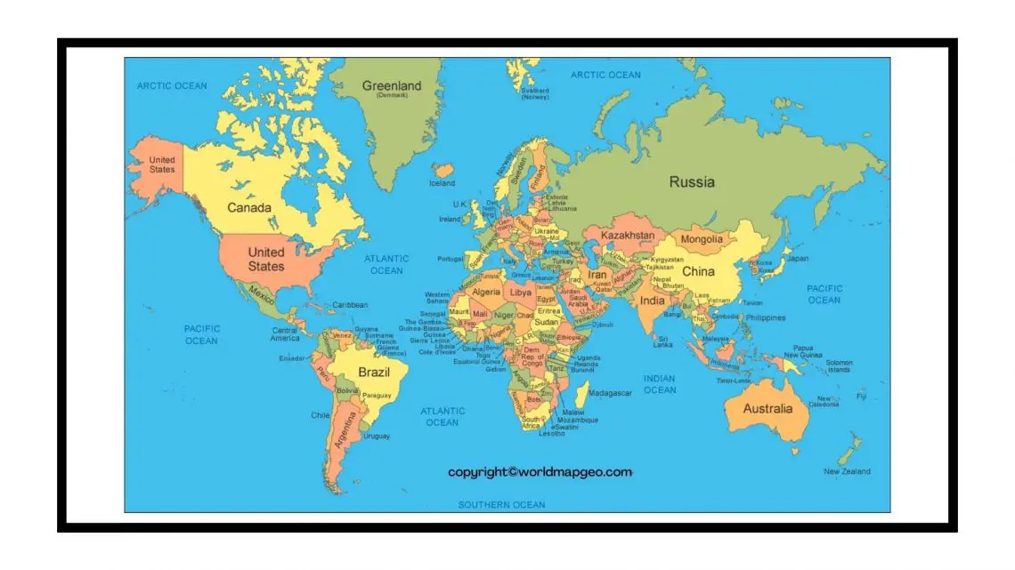 World Map Labeled Simple, Printable with Countries & Oceans