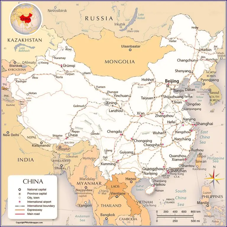 Labeled China Map with States Capital and Cities