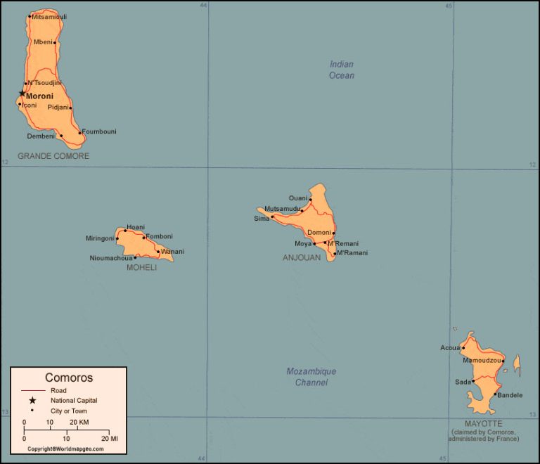 Labeled Comoros Map with States Capital and Cities