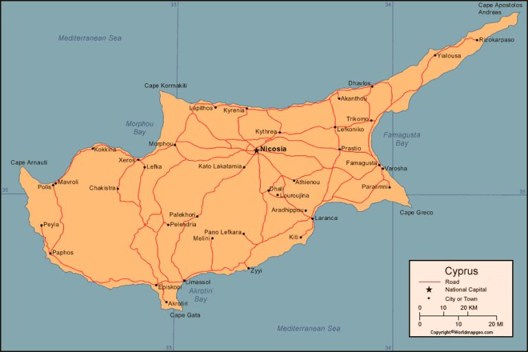 Labeled Cyprus Map with States, Capital and Cities