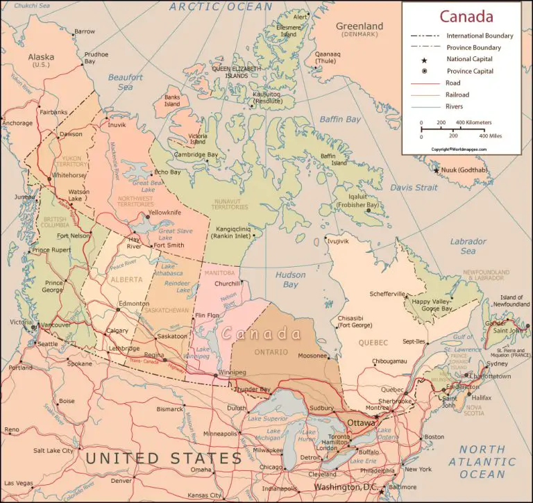 Labeled Canada Map with States Capital and Cities