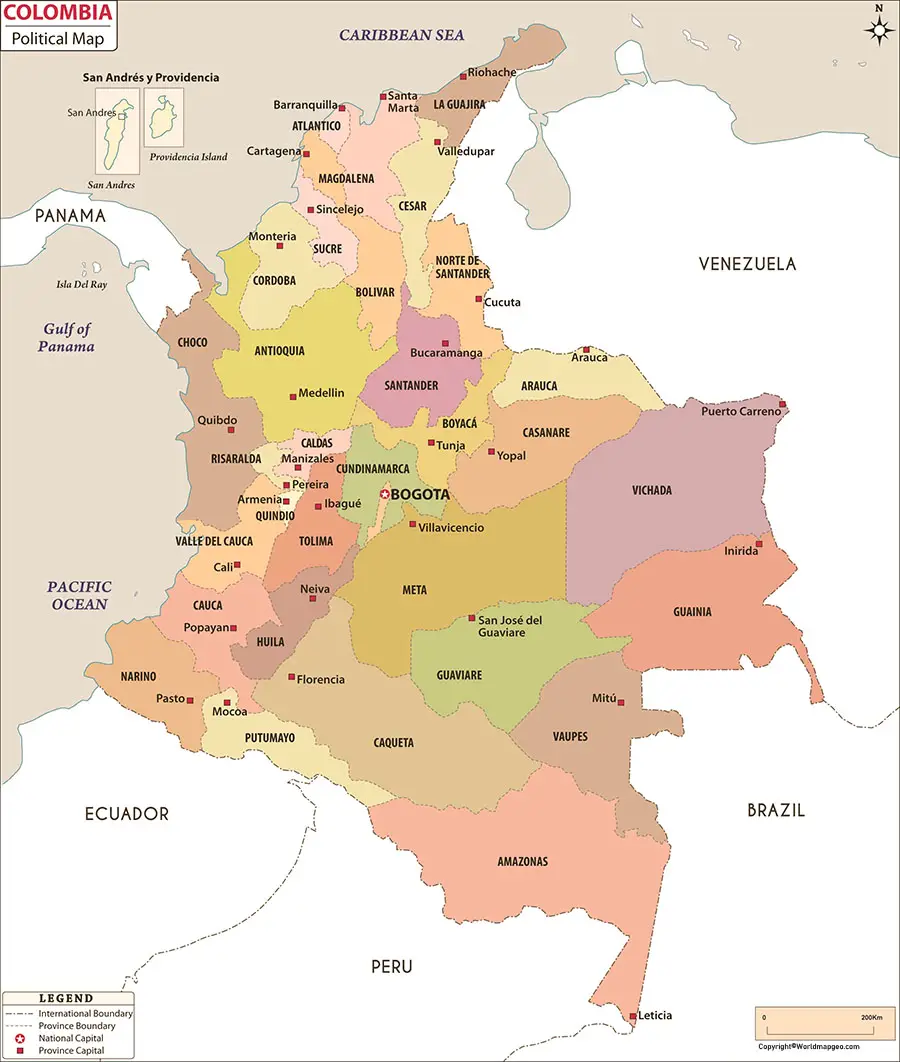 Labeled Colombia Map with States Capital and Cities