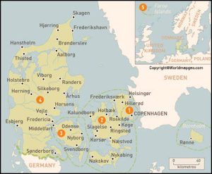 Labeled Denmark Map with States Capital and Cities