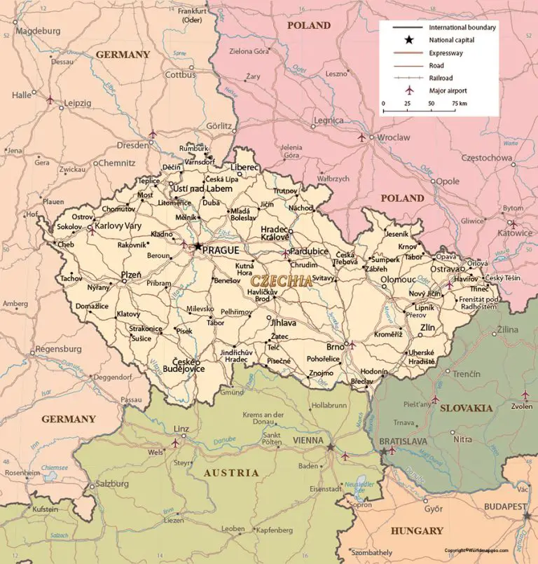 Labeled Czechia Map with States Capital and Cities