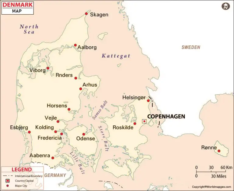 Labeled Denmark Map with States Capital and Cities