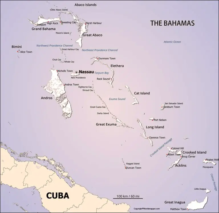 Labeled Bahamas Map with States, Capital and Cities