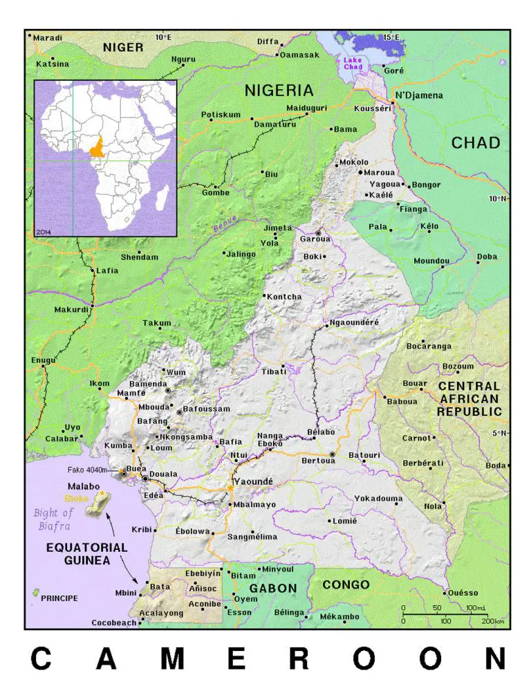 Labeled Cameroon Map with States Capital and Cities