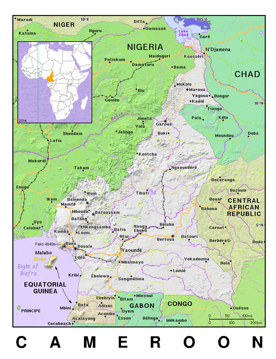 Labeled Cameroon Map with States Capital and Cities