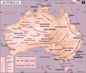 Labeled Australia Map with States Capital and Cities