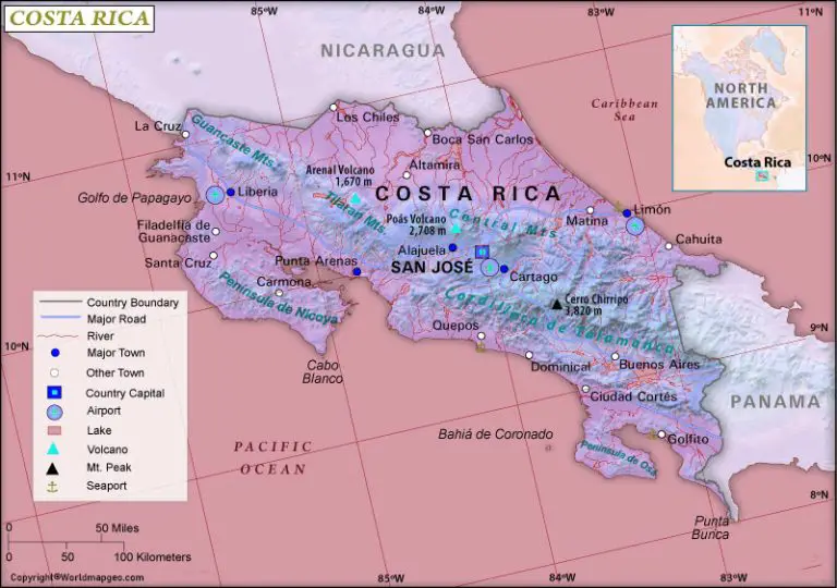 Labeled Costa Rica Map with States Capital and Cities