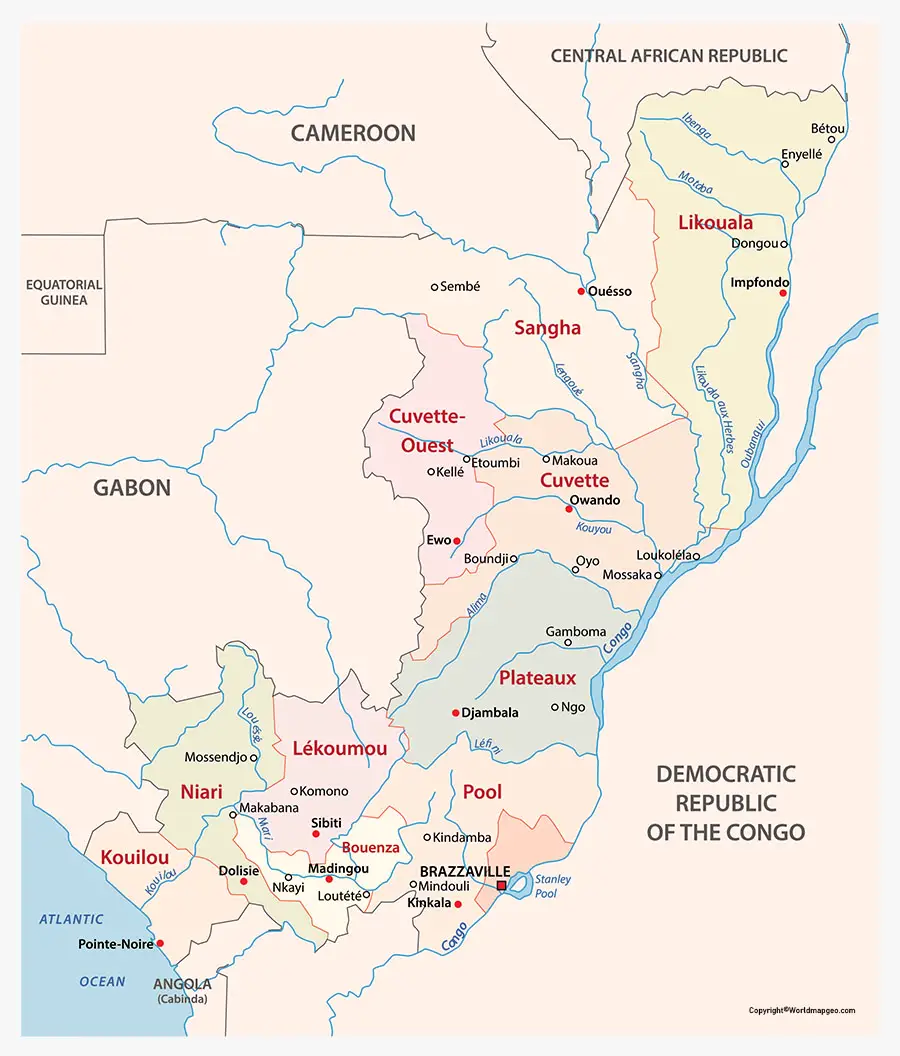 Labeled Congo Brazzaville Map with States Capital and Cities