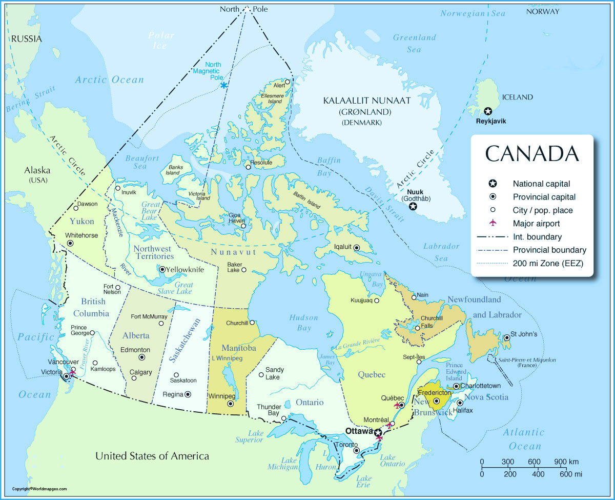 Labeled Canada Map with States Capital and Cities