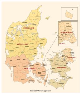 Labeled Denmark Map with States Capital and Cities
