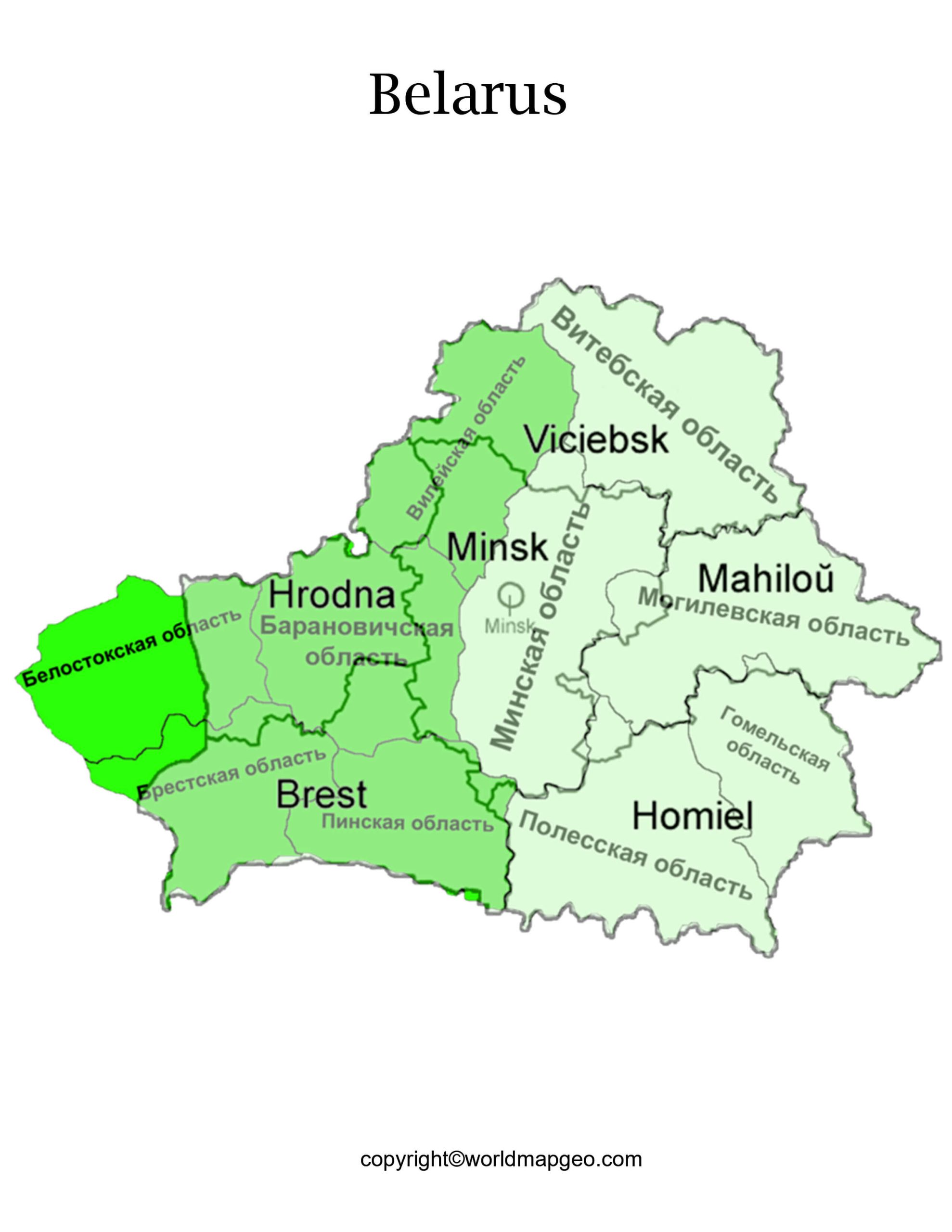 Labeled Belarus Map with States Capital and Cities