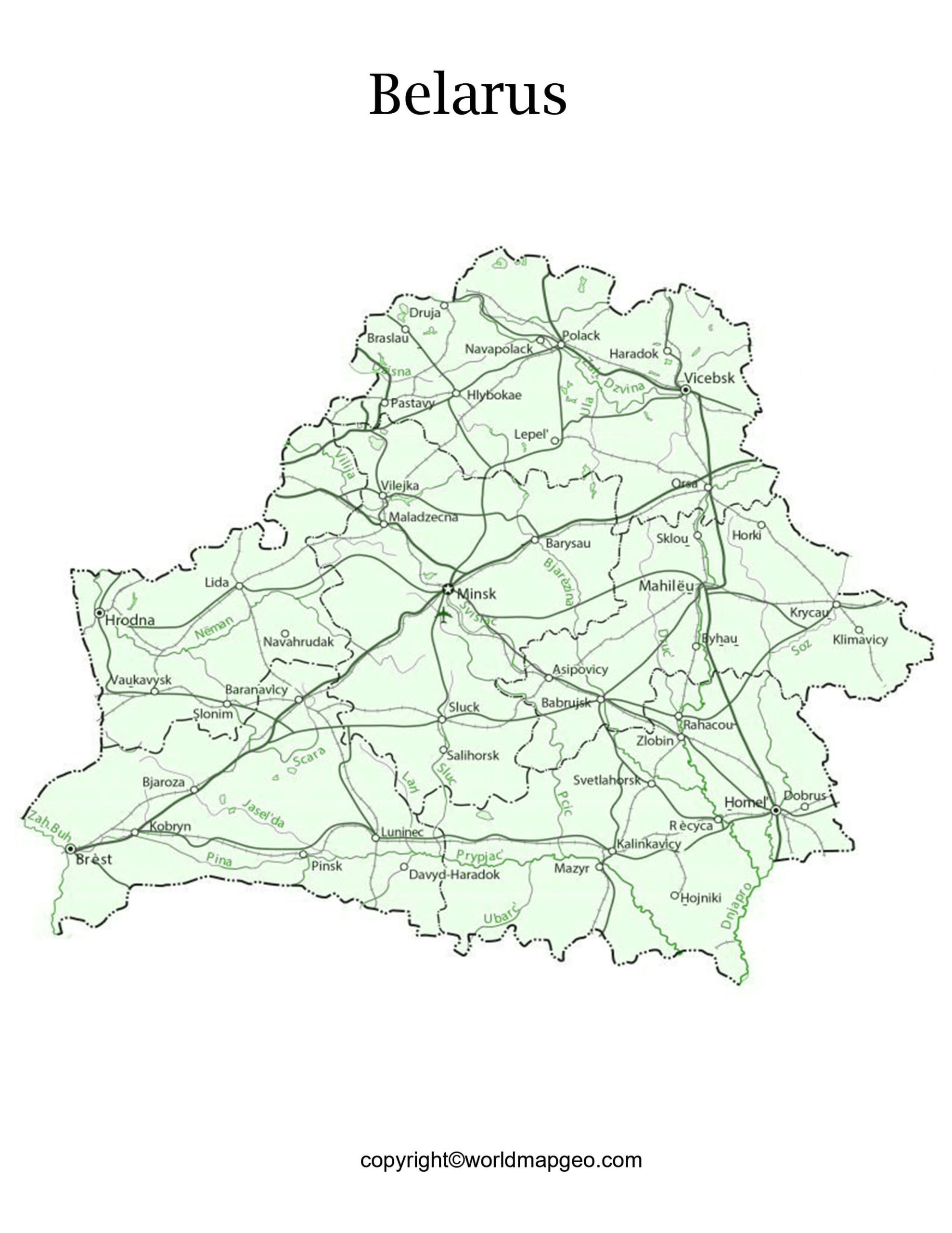 Labeled Belarus Map with States Capital and Cities