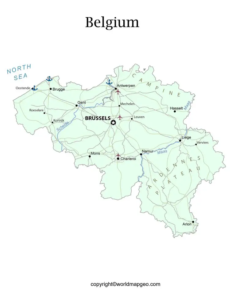 Labeled Belgium Map with States, Capital and Cities
