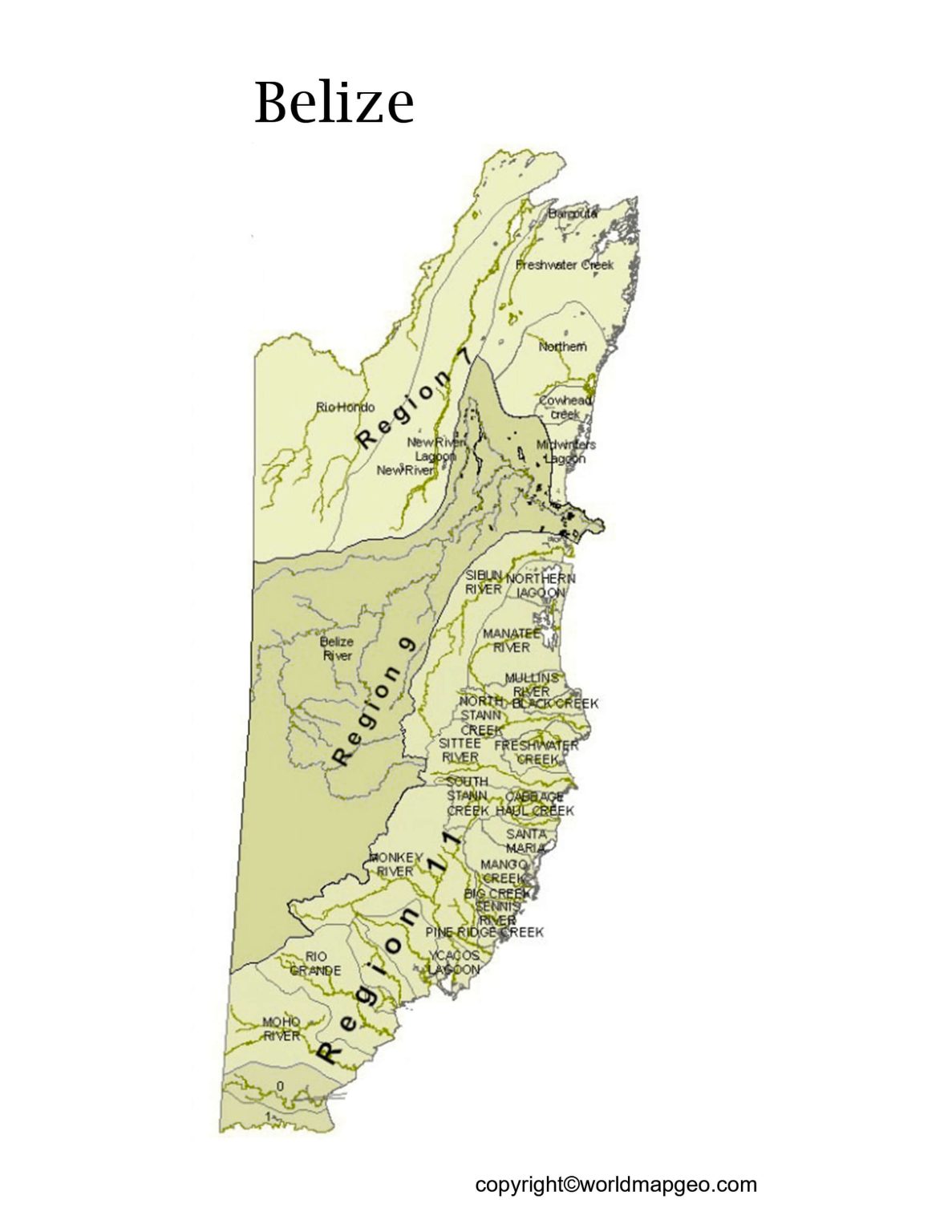 Labeled Belize Map with States Capital and Cities