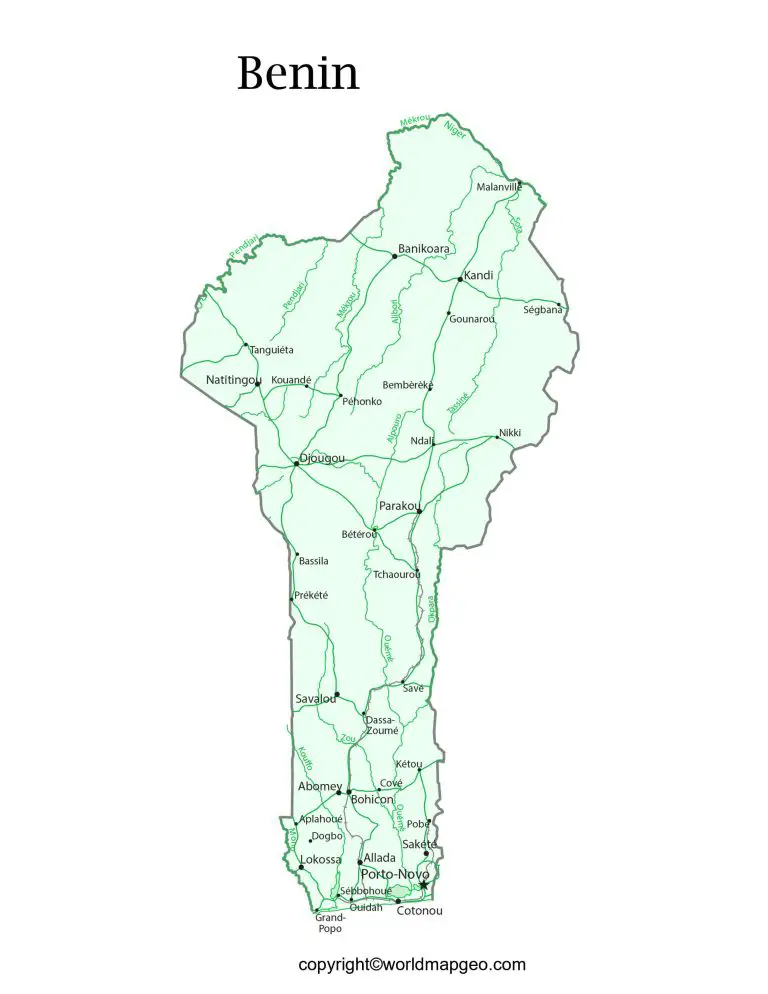 Labeled Benin Map with States Capital and Cities