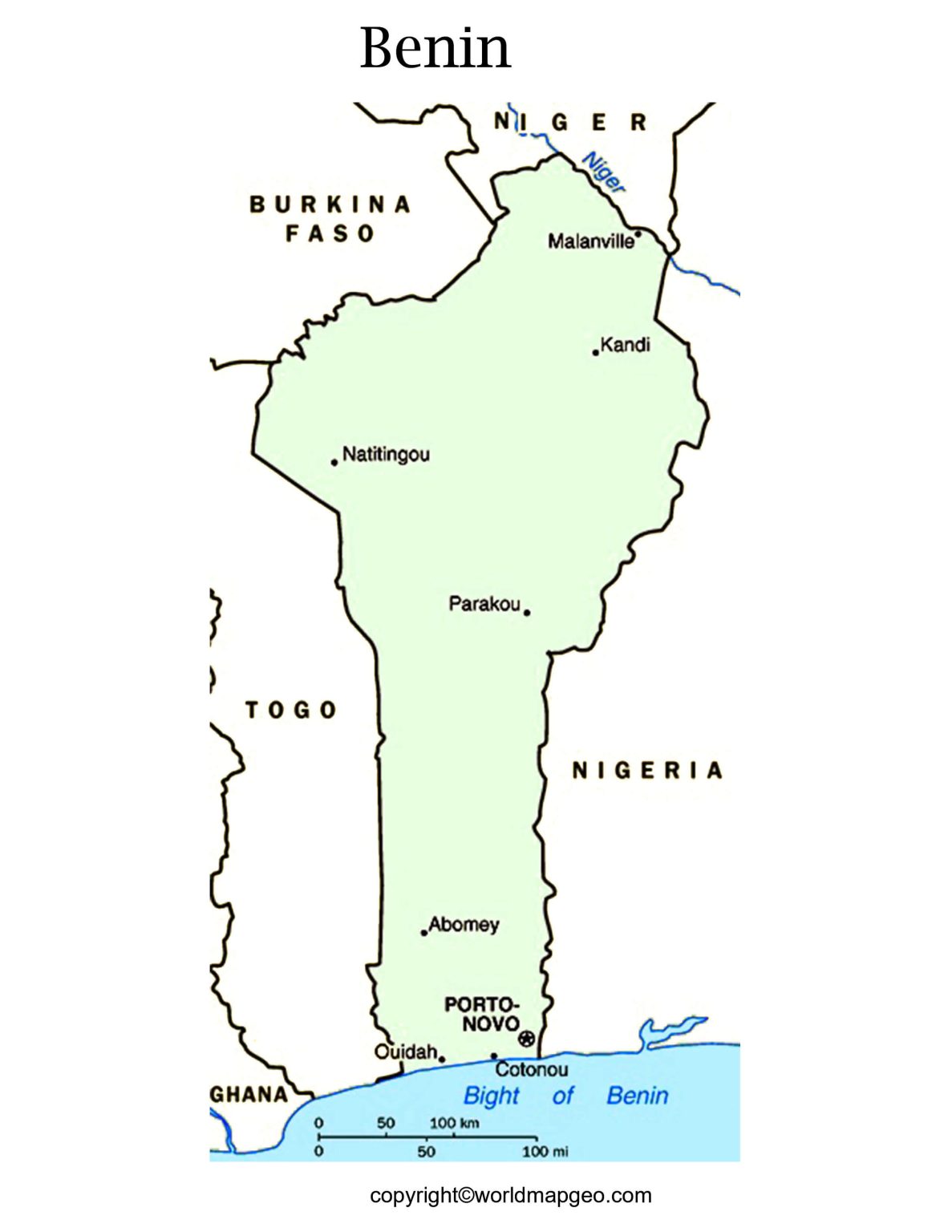 Labeled Benin Map with States Capital and Cities