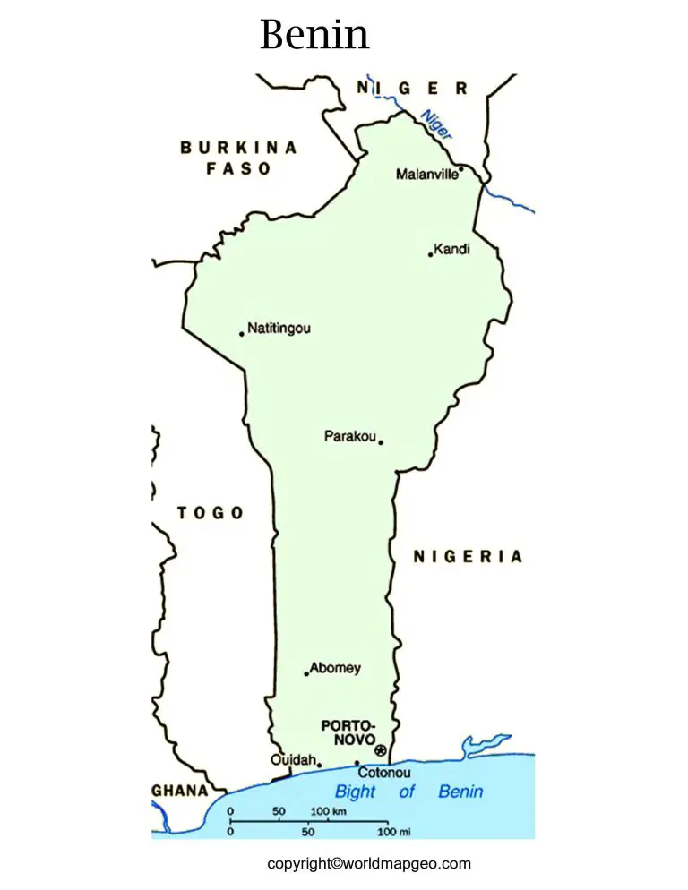 Labeled Benin Map with States Capital and Cities