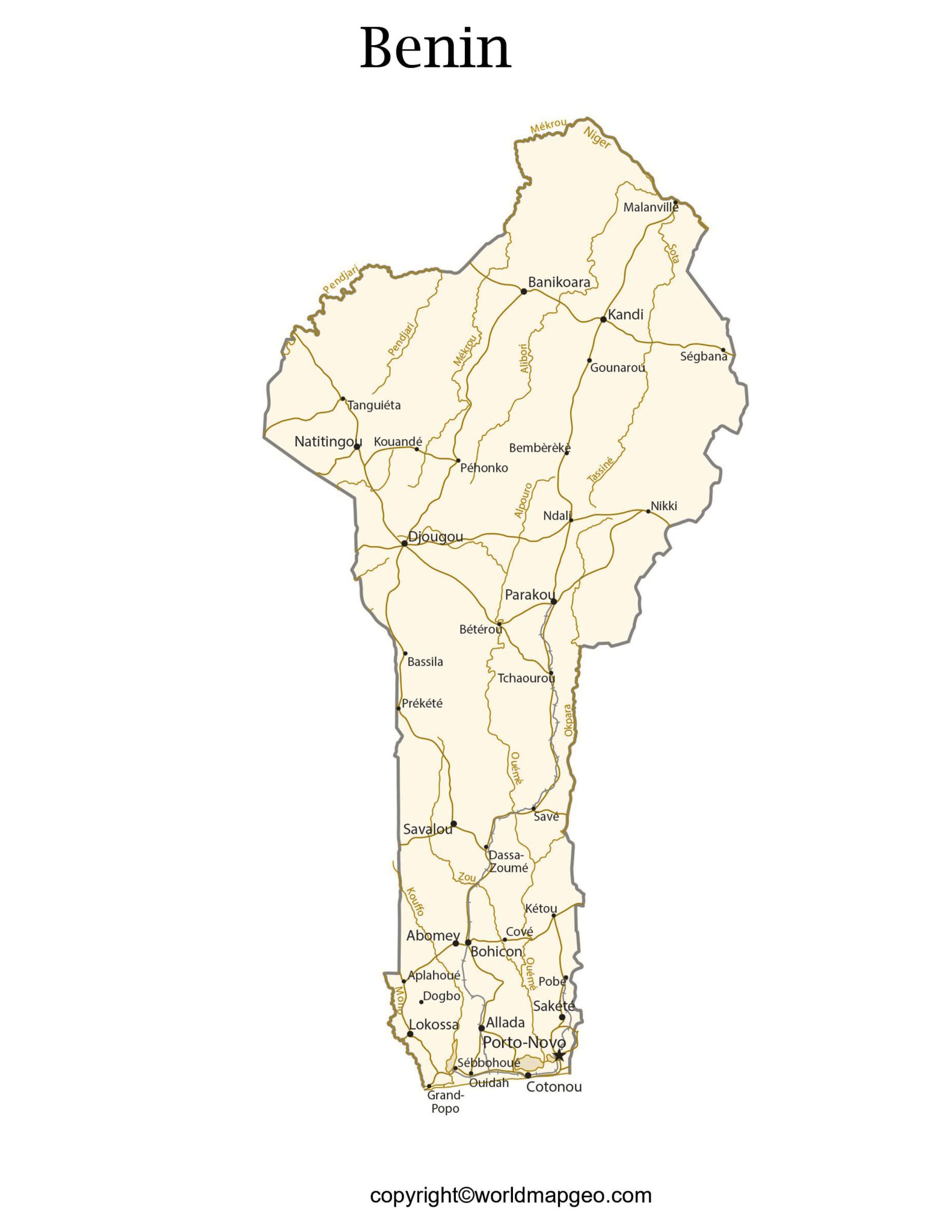 Labeled Benin Map with States Capital and Cities
