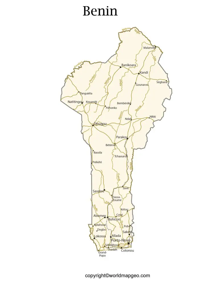 Labeled Benin Map with States Capital and Cities