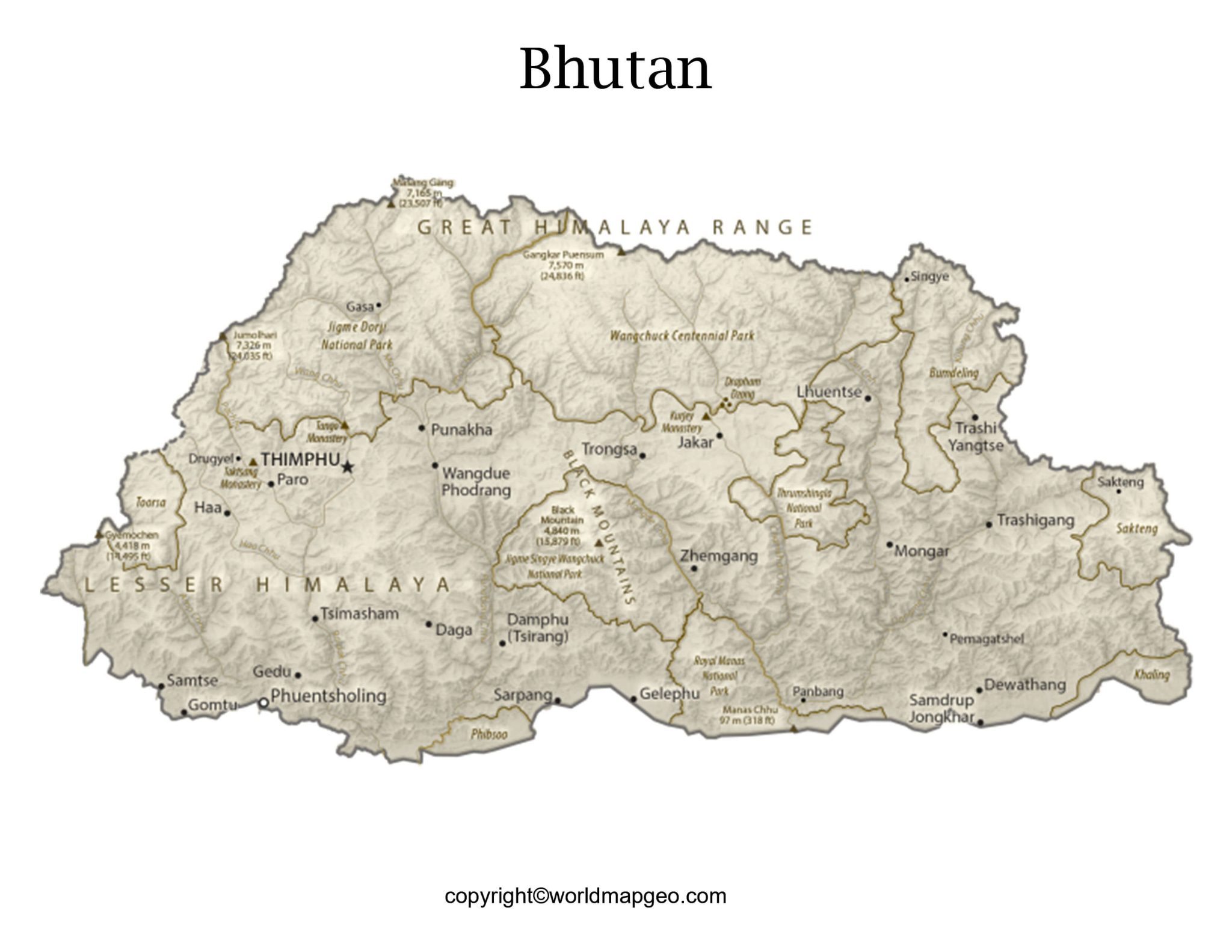 Labeled Bhutan Map with States, Capital and Cities