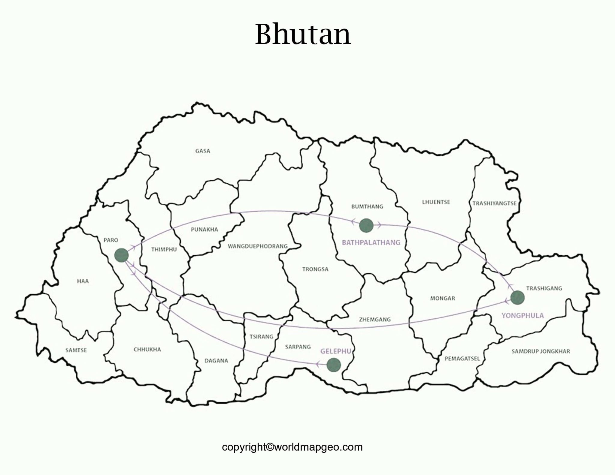 Labeled Bhutan Map with States, Capital and Cities
