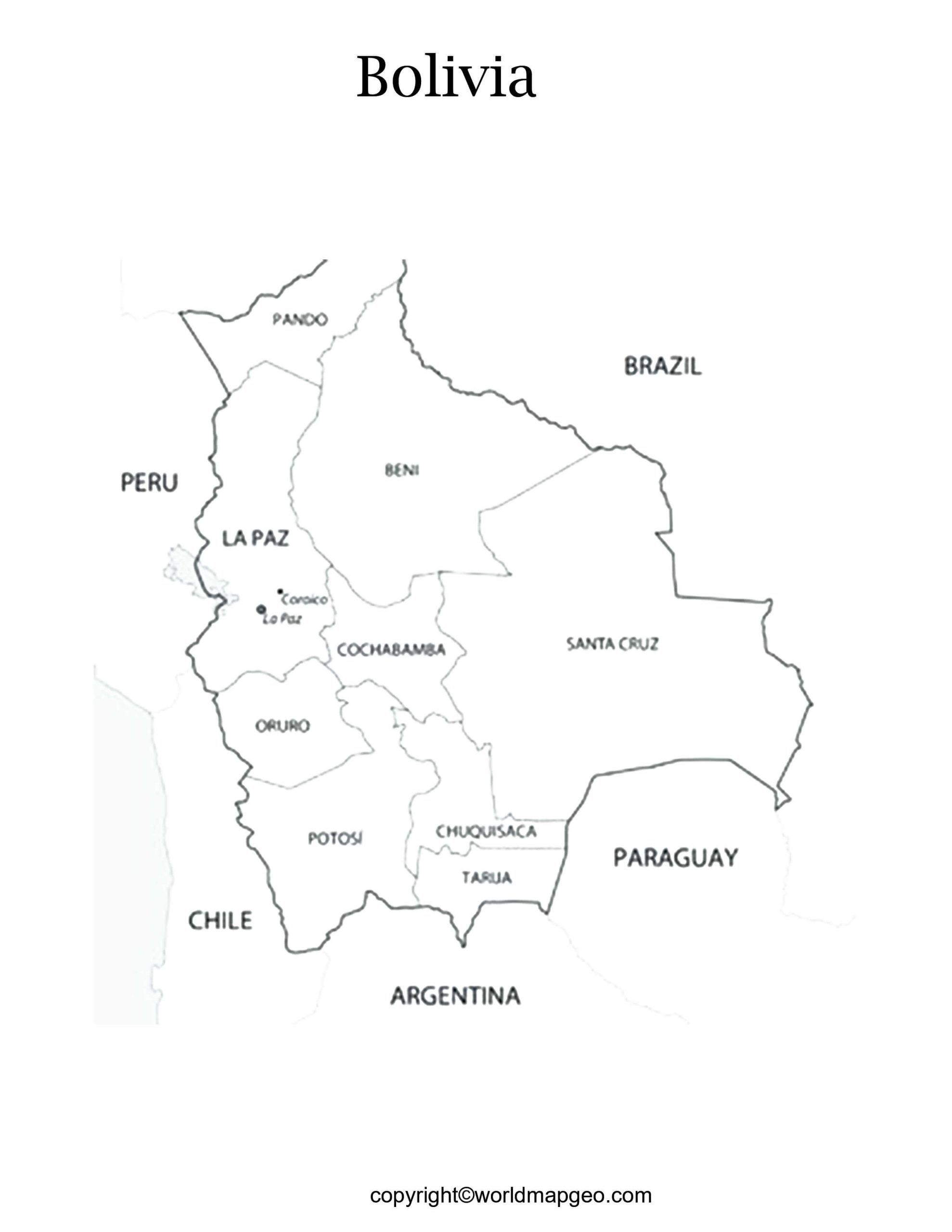 Labeled Bolivia Map with States Capital and Cities