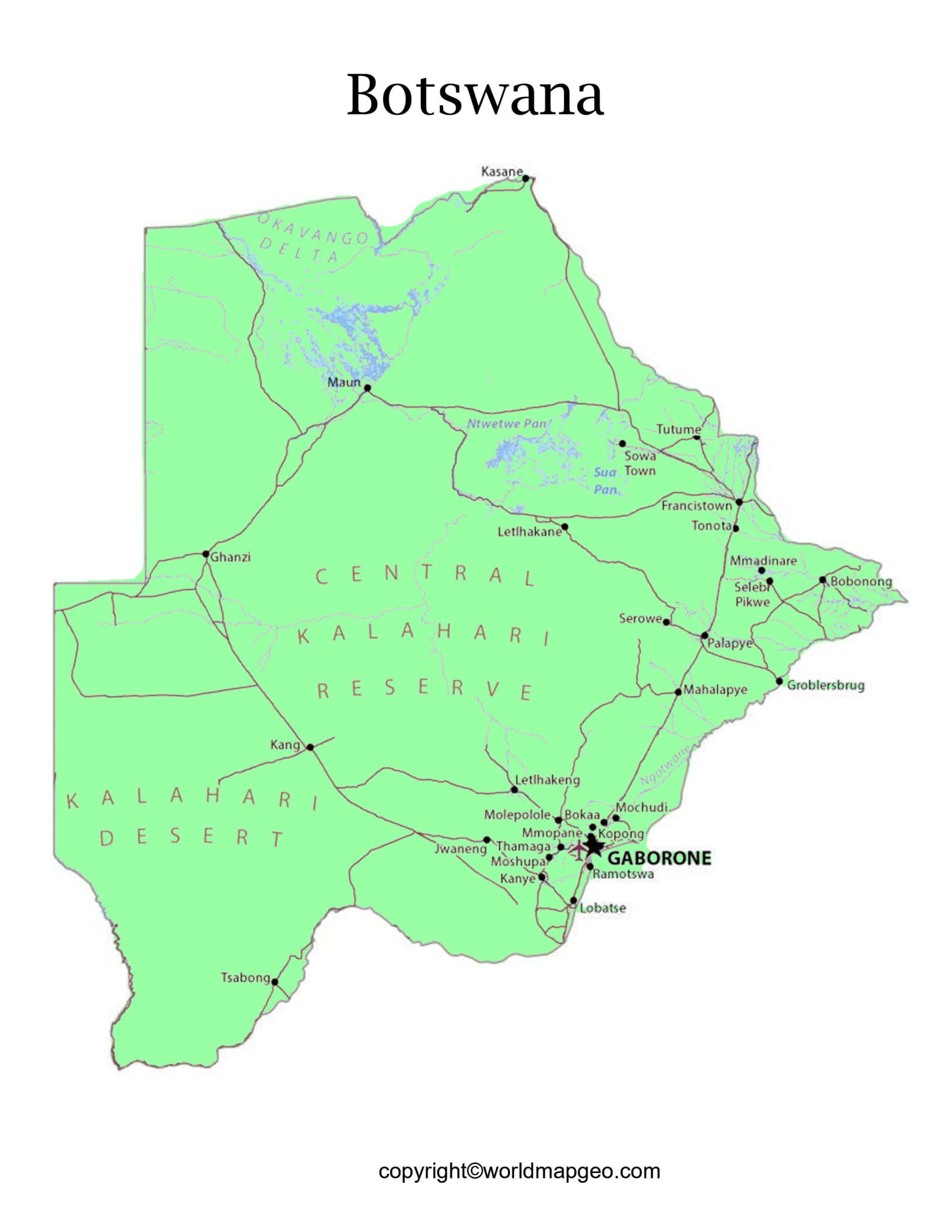 Labeled Botswana Map with States, Capital and Cities