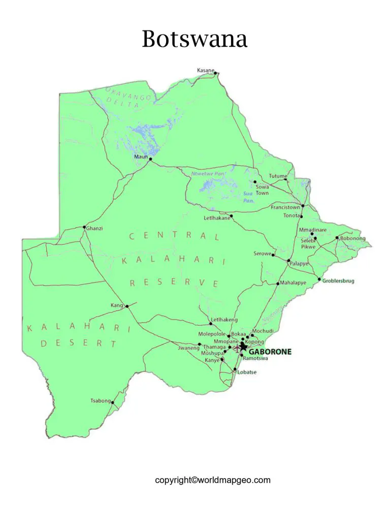 Labeled Botswana Map with States, Capital and Cities