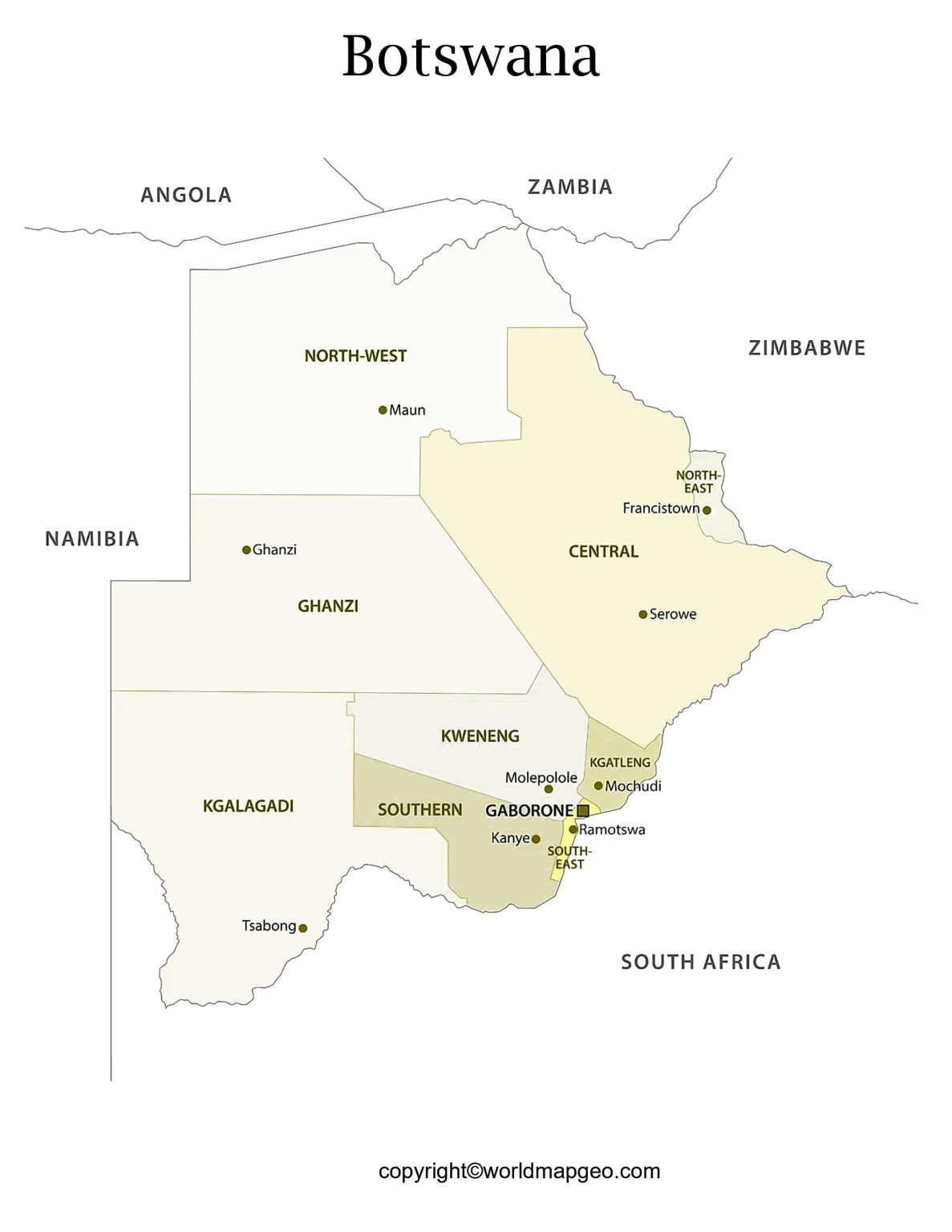 Labeled Botswana Map with States, Capital and Cities