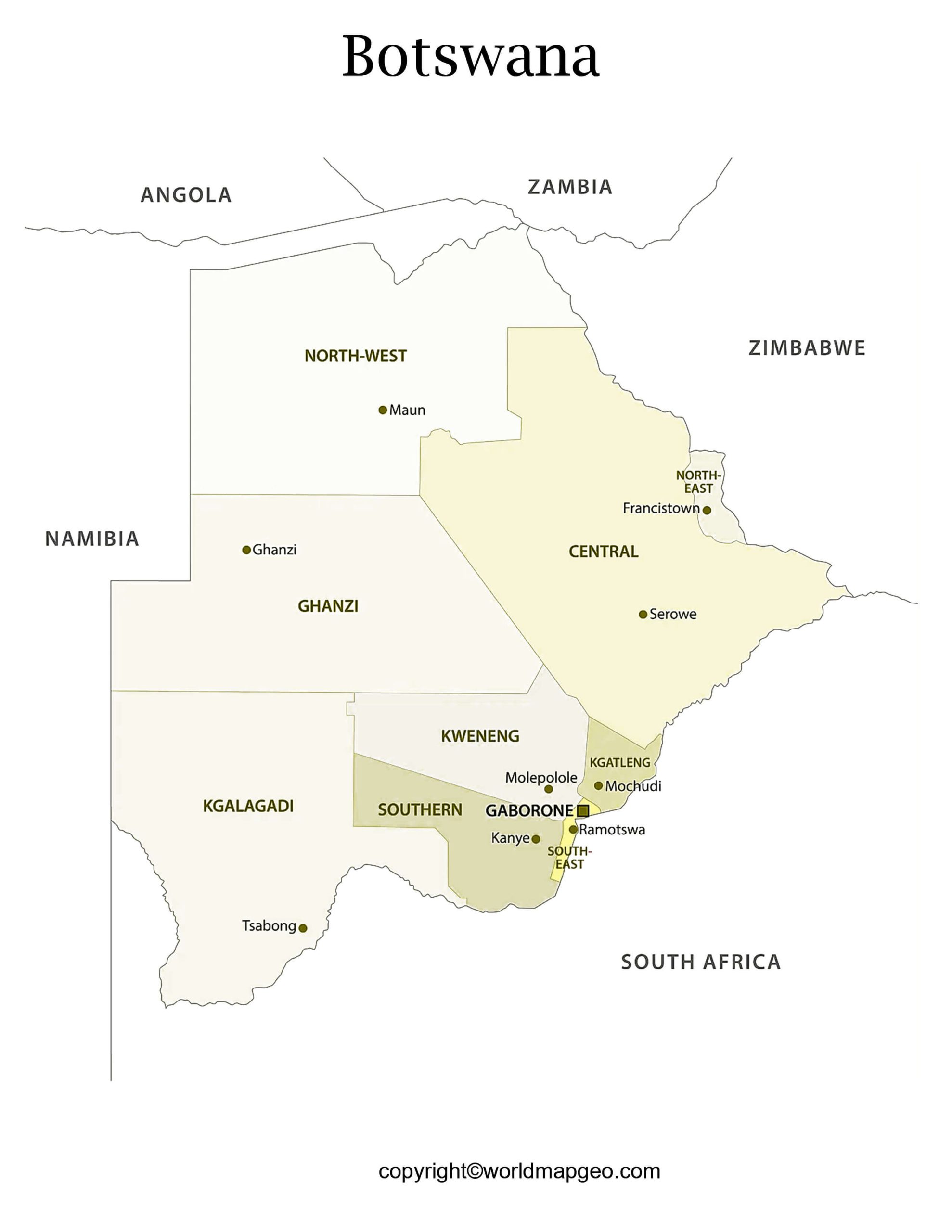 Labeled Botswana Map with States, Capital and Cities