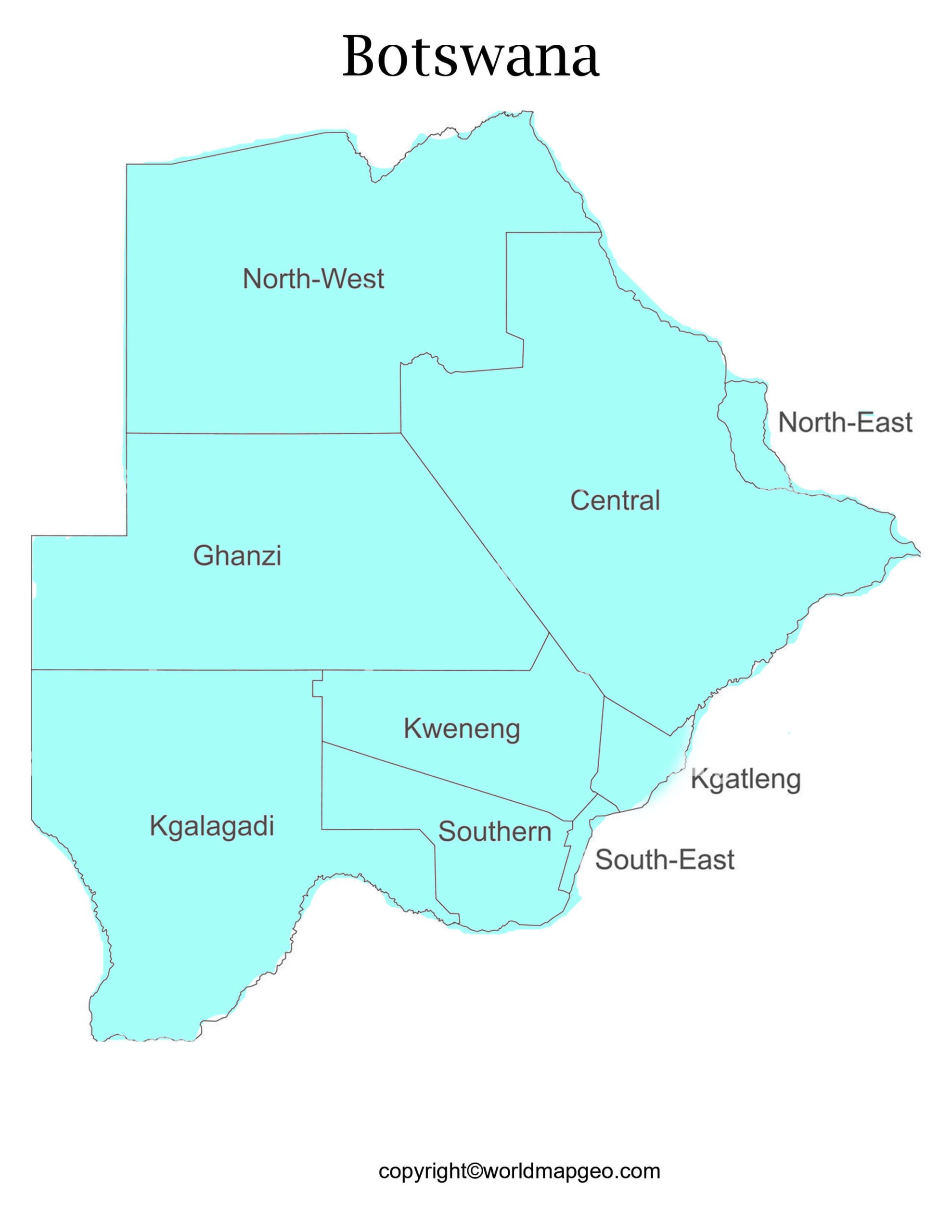 Labeled Botswana Map with States, Capital and Cities