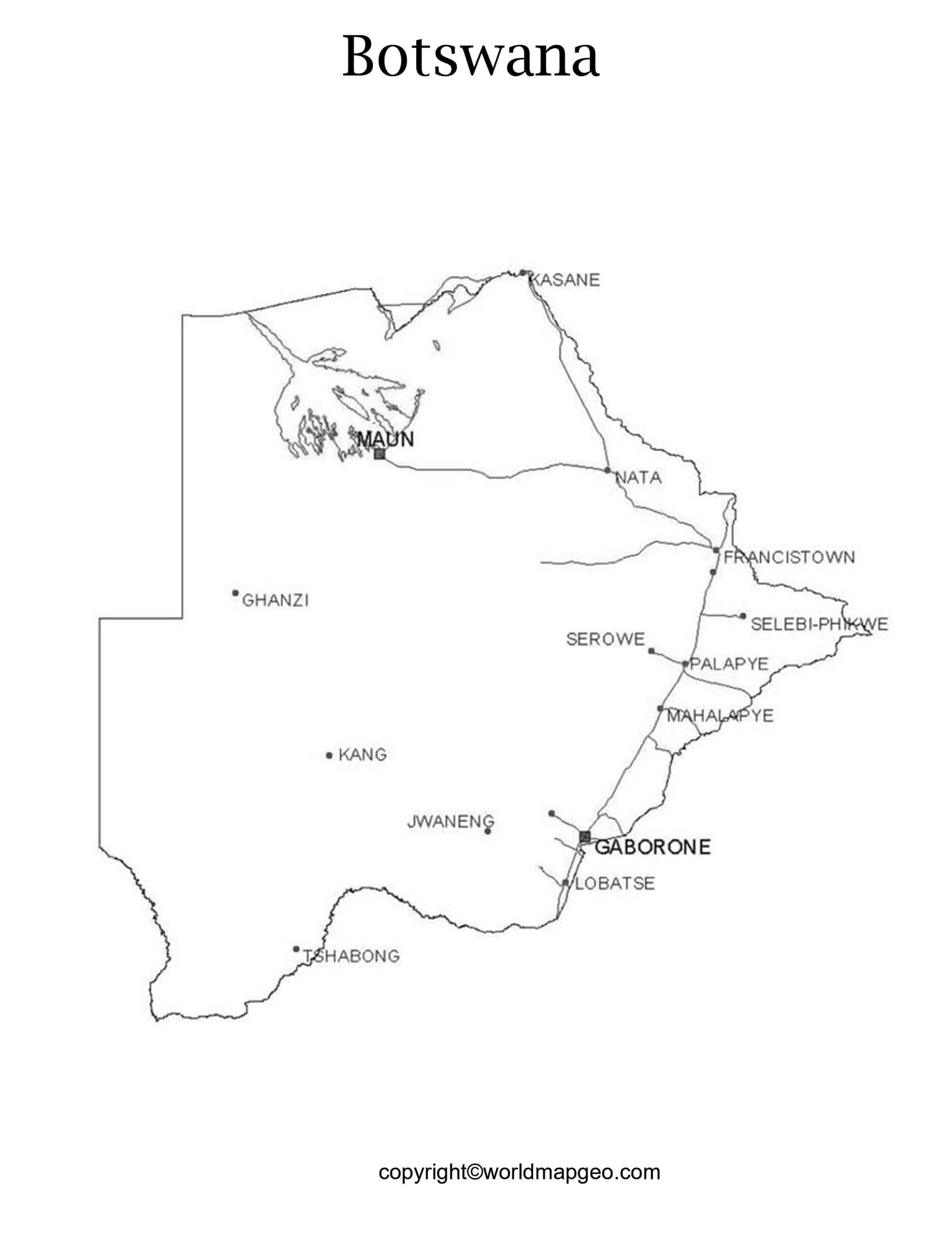 Labeled Botswana Map with States, Capital and Cities