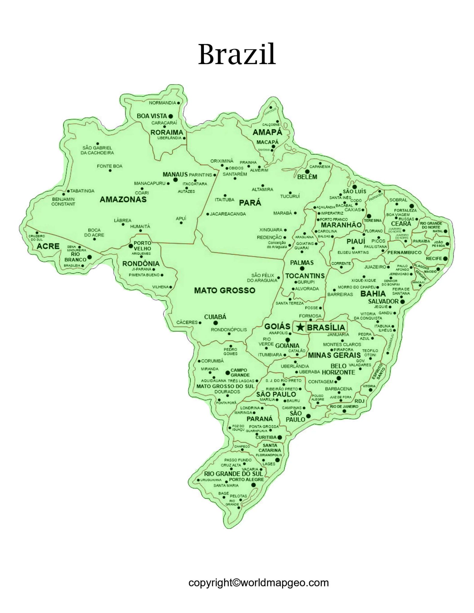 Labeled Brazil Map with States, Capital and Cities