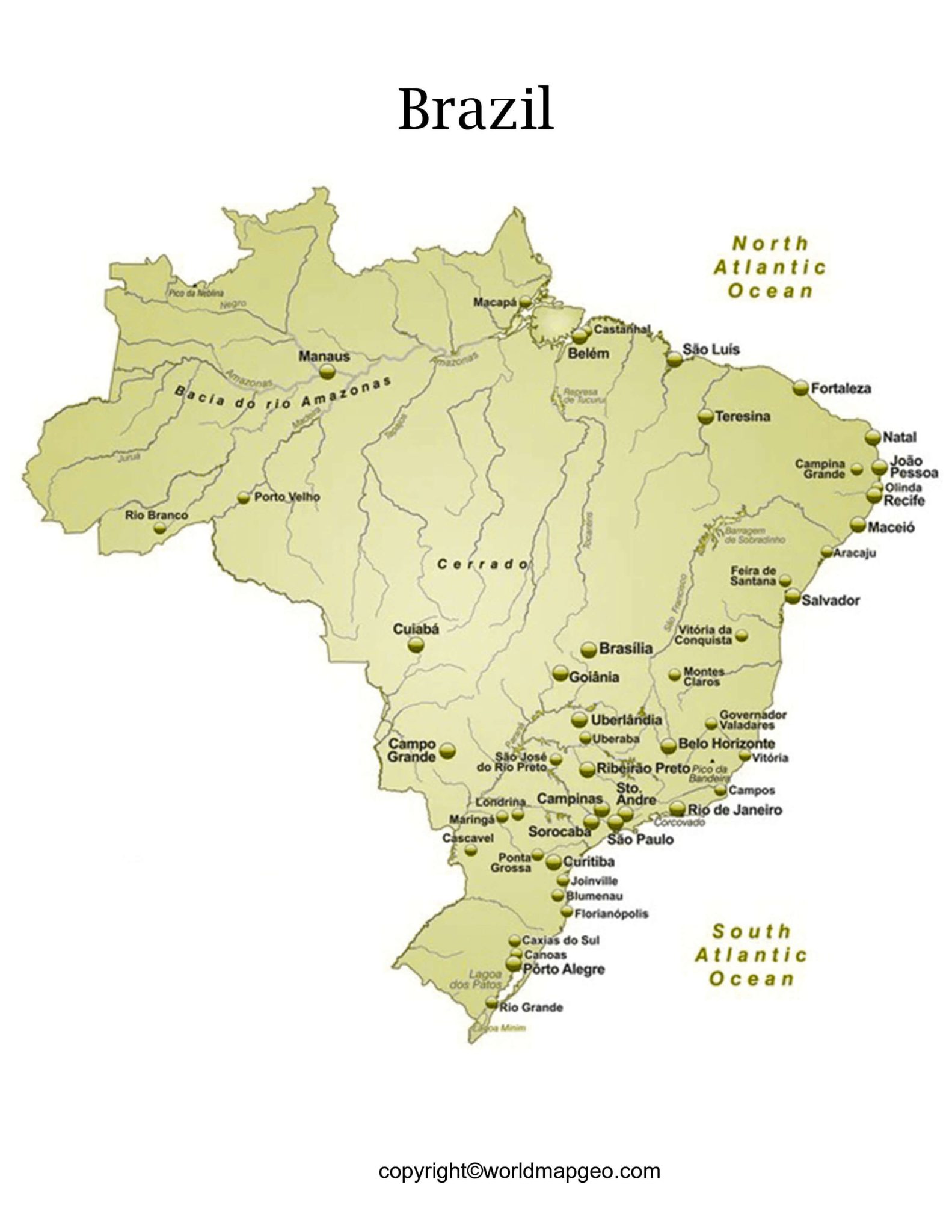 Labeled Brazil Map with States, Capital and Cities