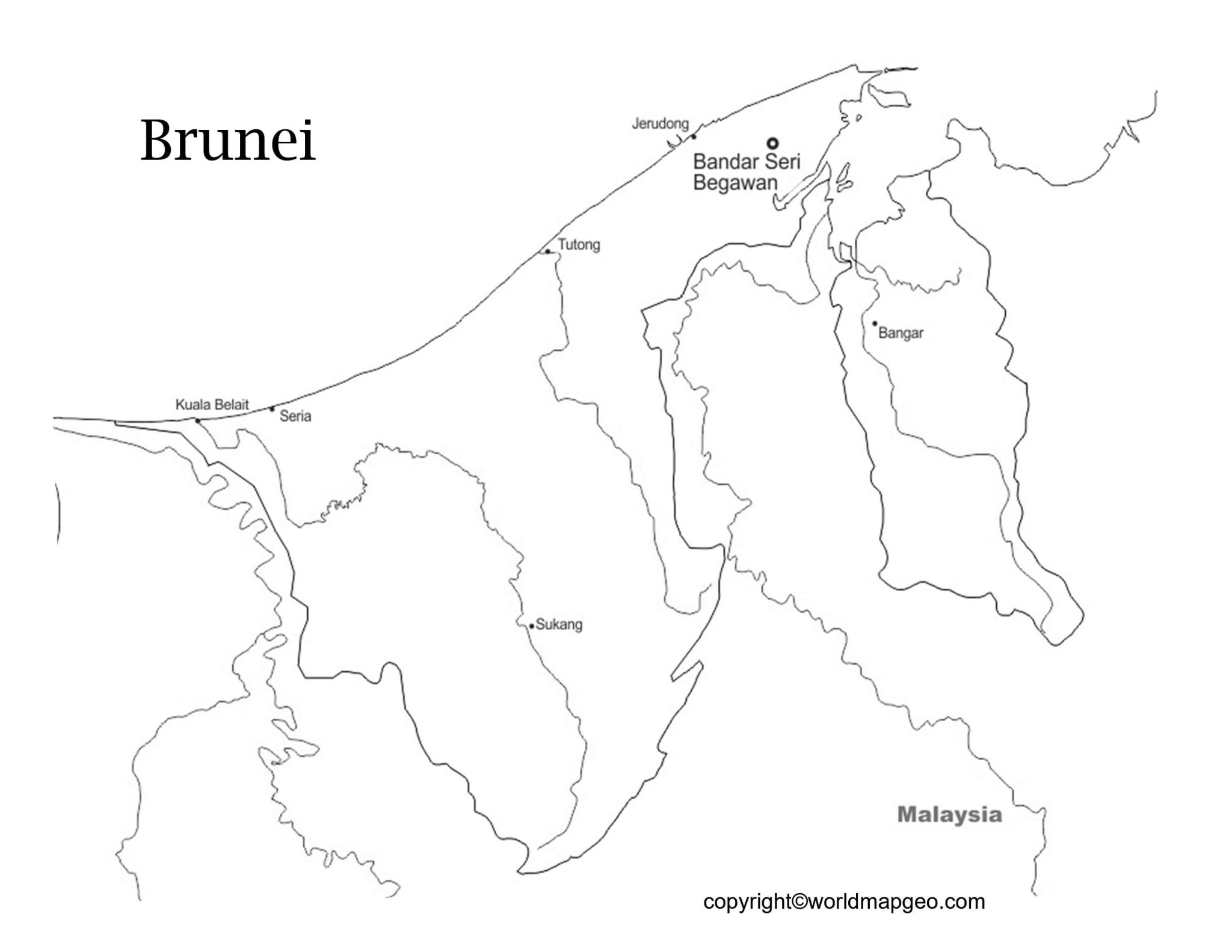 Labeled Brunei Map with States Capital and Cities