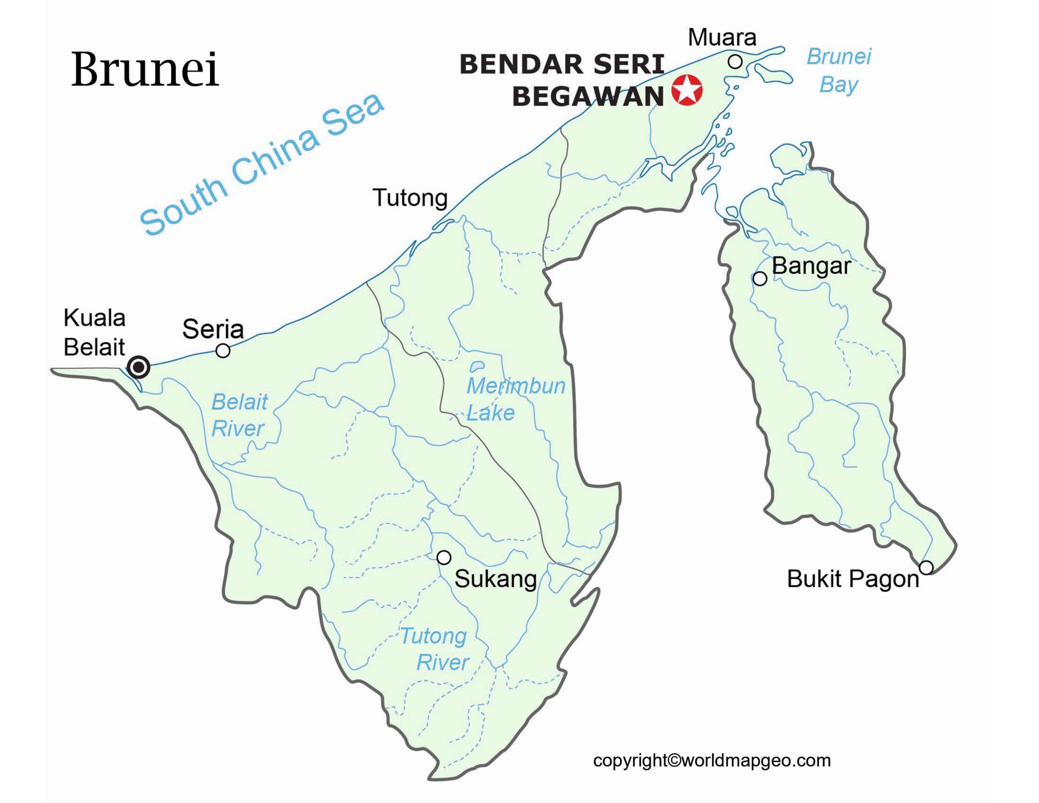 Labeled Brunei Map with States Capital and Cities