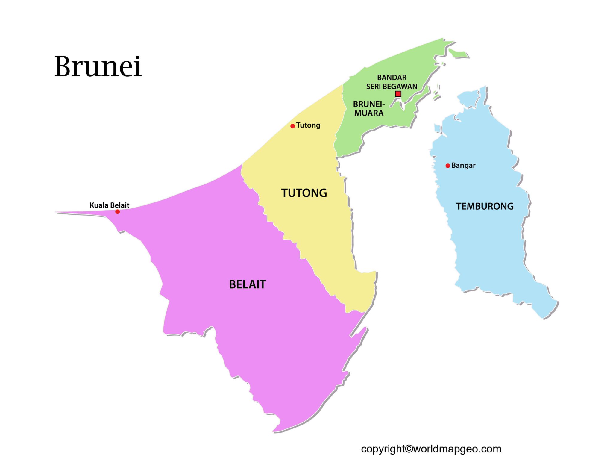 Labeled Brunei Map with States Capital and Cities