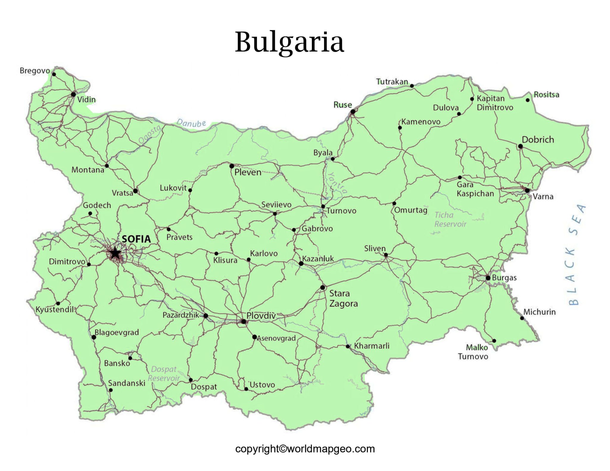 Labeled Bulgaria Map with States Capital and Cities