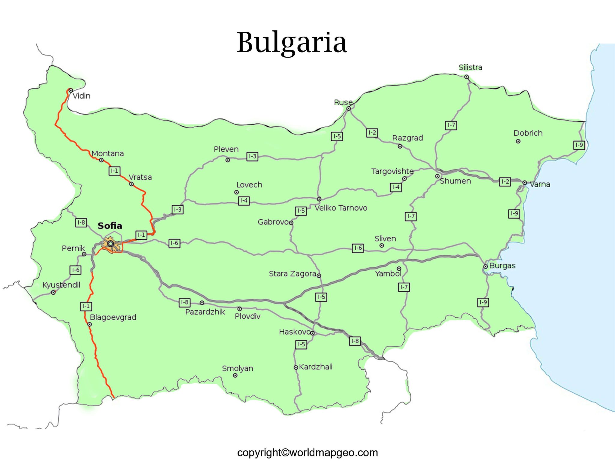 Labeled Bulgaria Map with States Capital and Cities