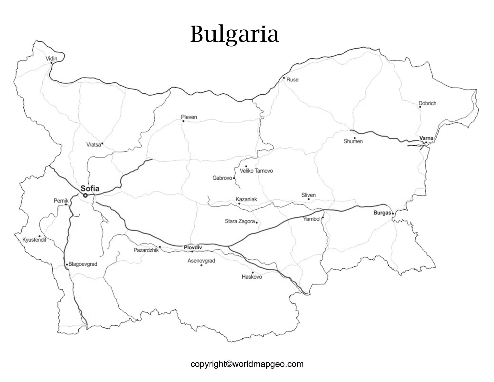 Labeled Bulgaria Map with States Capital and Cities