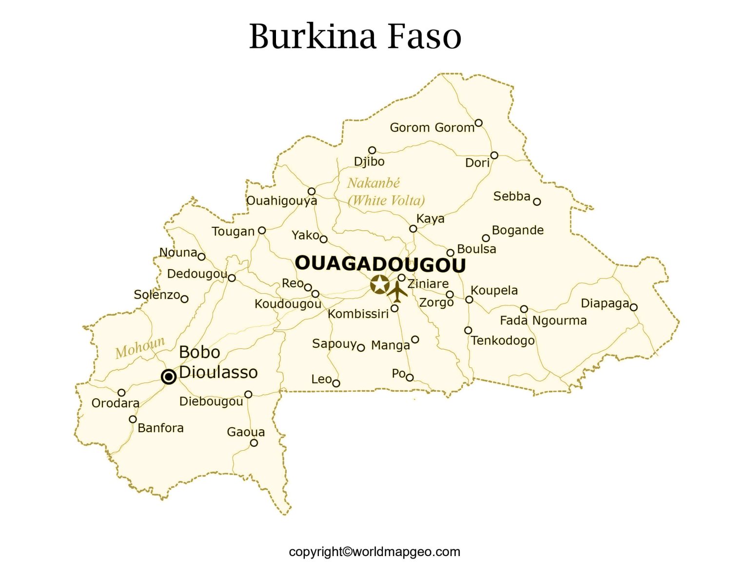 Labeled Burkina Faso Map with States Capital and Cities
