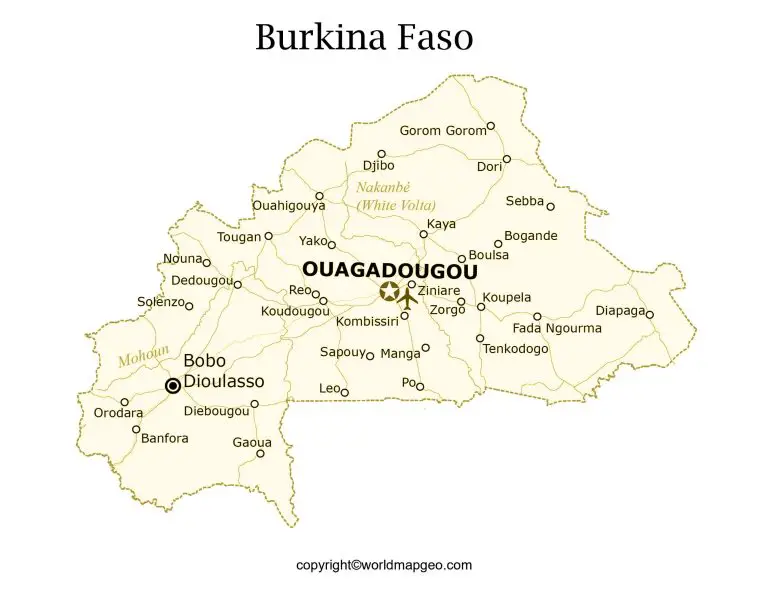 Labeled Burkina Faso Map with States Capital and Cities