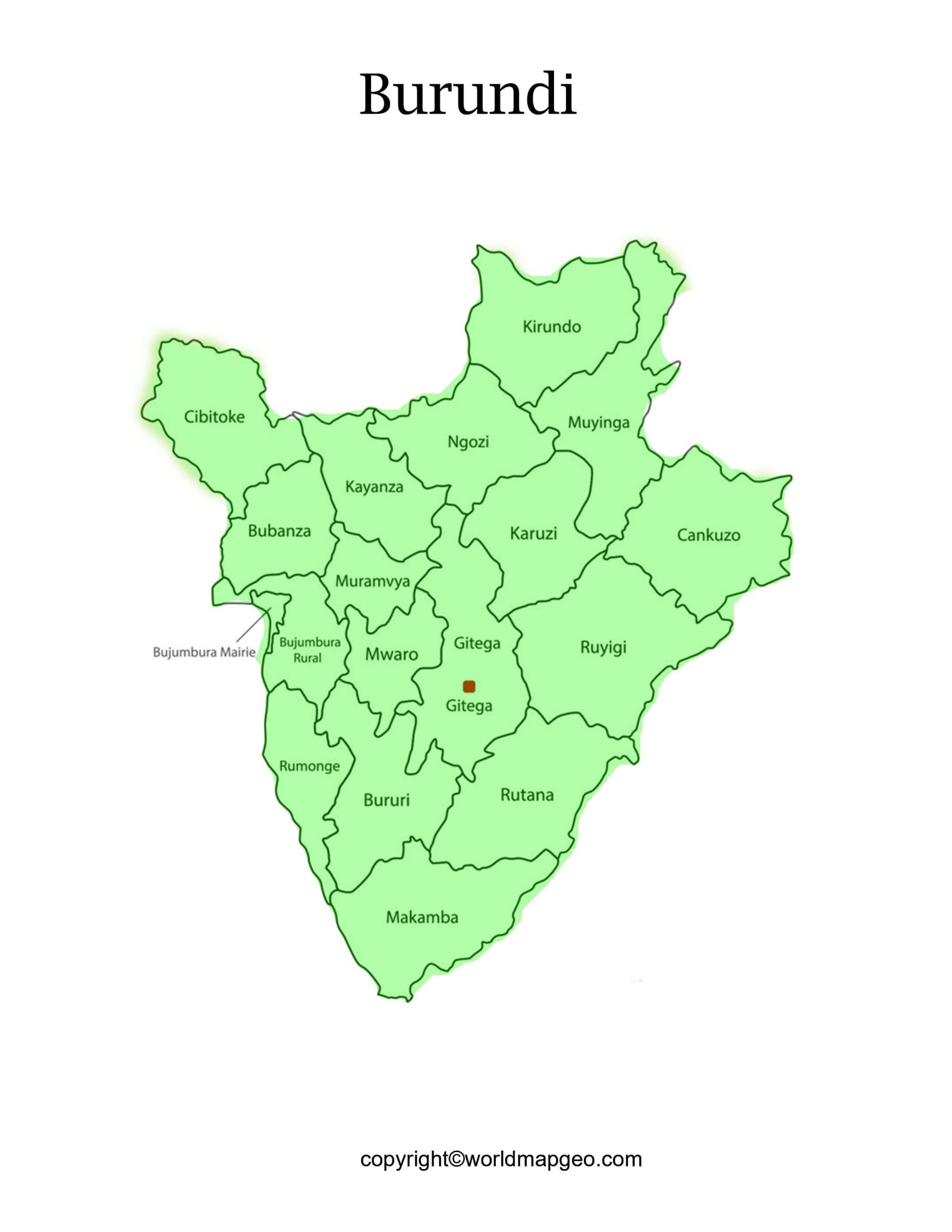 Labeled Burundi Map with States Capital and Cities