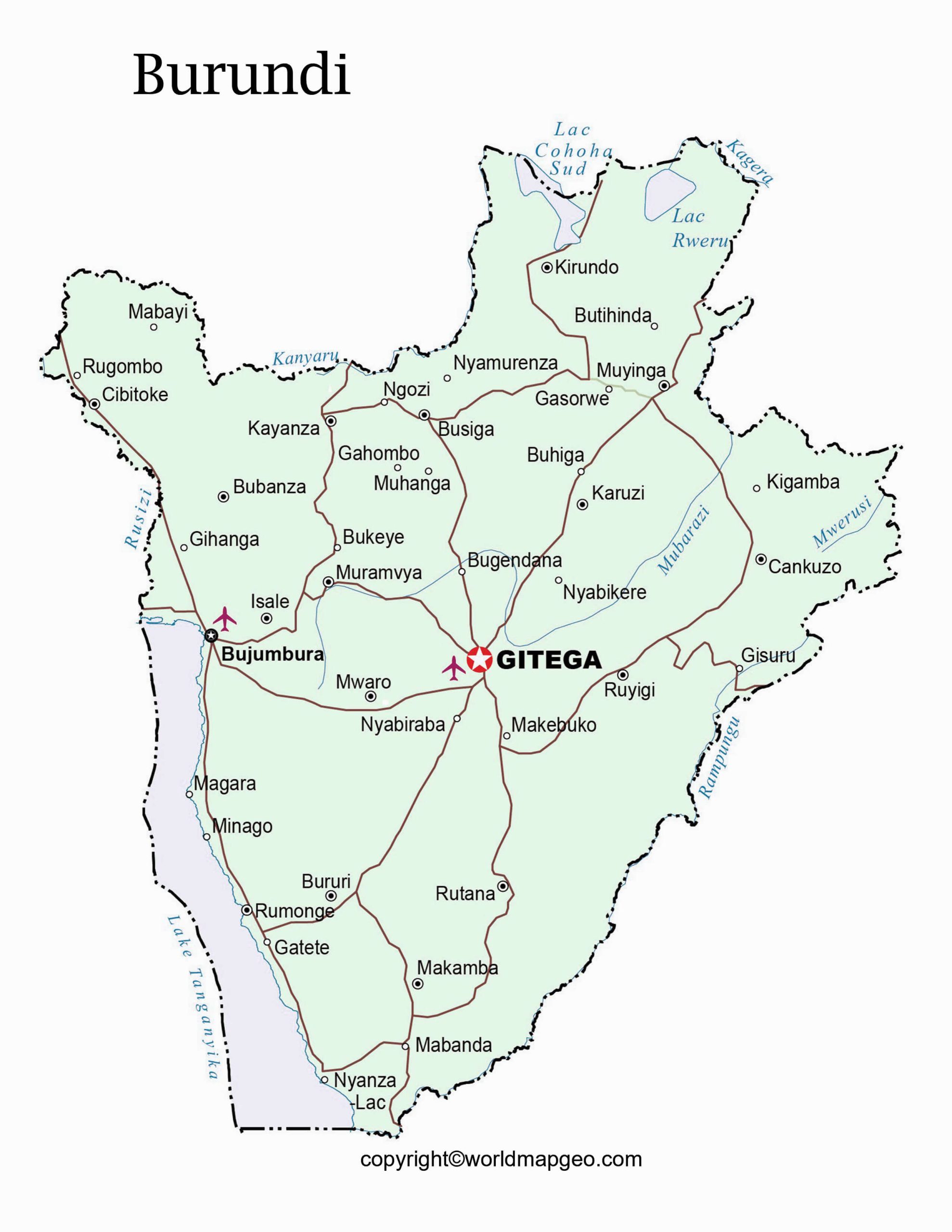 Labeled Burundi Map with States Capital and Cities